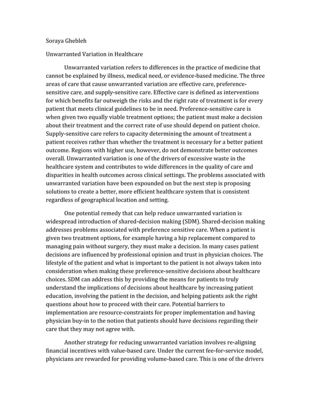 Soraya Ghebleh - Unwarranted Variation in Healthcare | DOCX