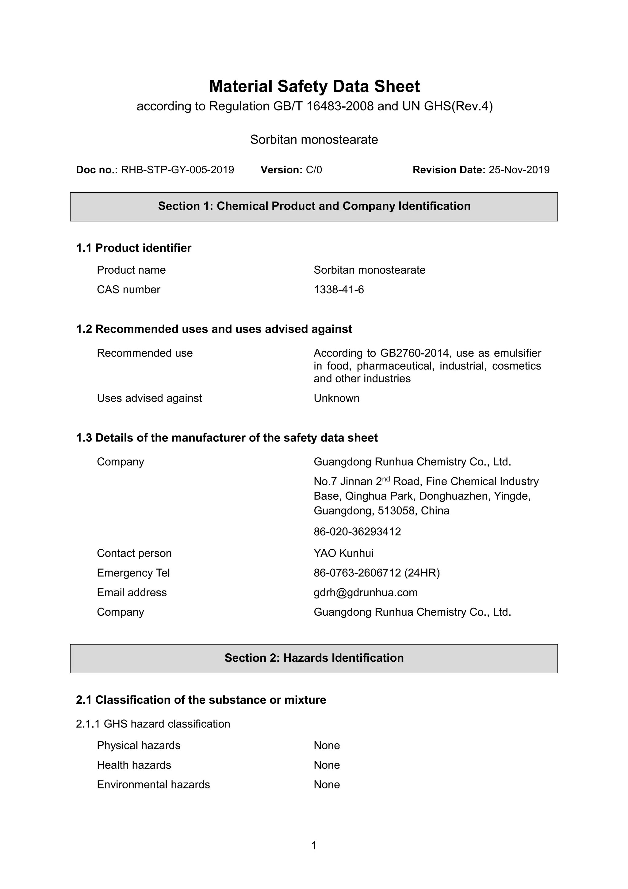 sorbitan monostearate msds material safety data sheet | PDF