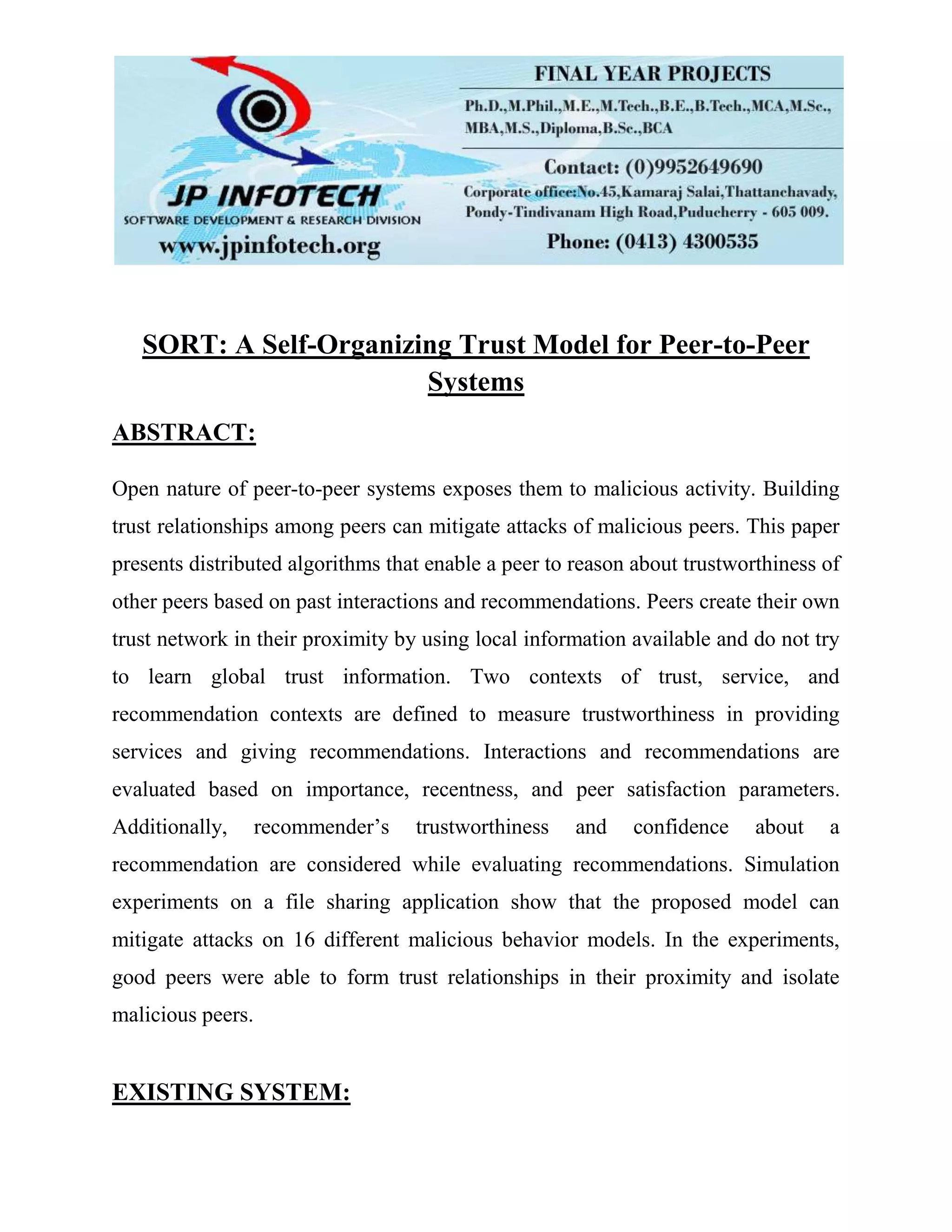 Sort a self o rganizing trust model for peer-to-peer systems | PDF