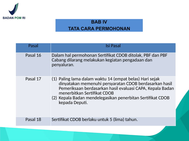 Sosialisalisasi PerkaBPOM No. 25 thn 2017 - Tata Cara Sertifikasi CDOB (Balai Besar POM Bandung ...