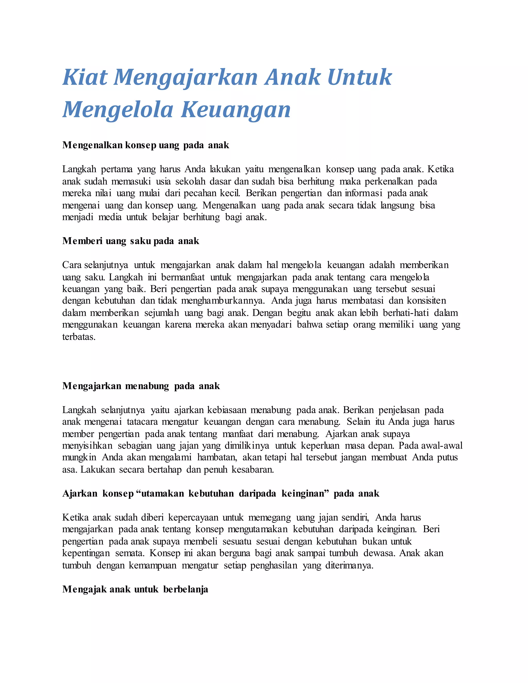 Sosialisasi tentang menabung dan cara mengatur uang jajan bagi anak anak sd | DOCX