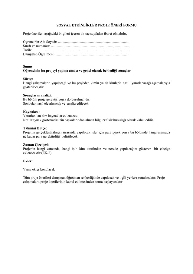 Sosyal Etkinlikler Proje öNeri Formu | DOC