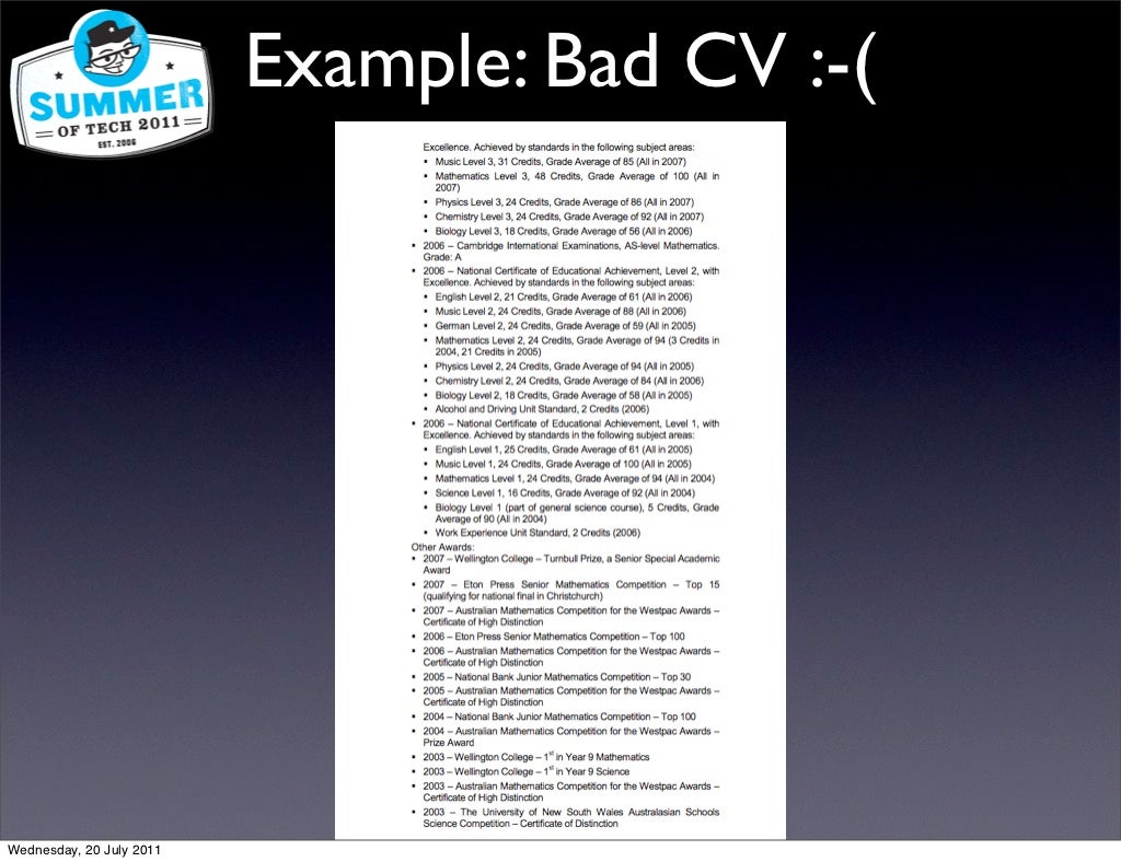 Example: Bad CV :-( Wednesday,