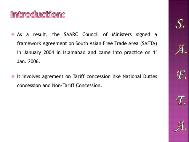 SAFTA - South Asian Free Trade Area | PPTX | Political Issues & policy ...