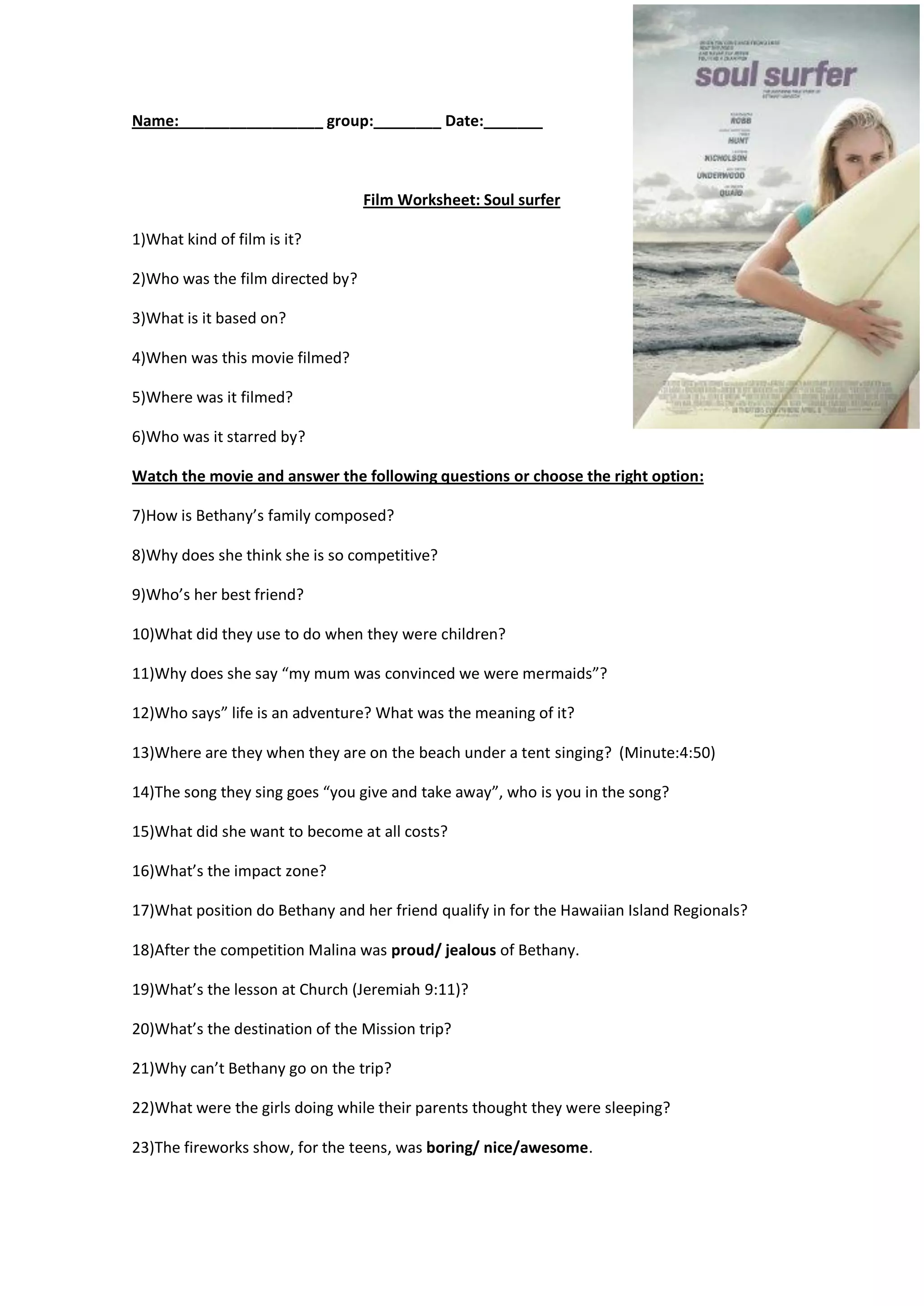 Soul surfer worksheet gaps | PDF