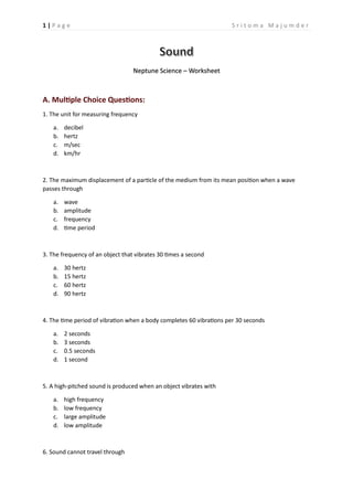 CBSE Grade 8 Physics Sound Neptune Science Worksheet | PDF