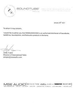 Romaudiovideo - distributor certificate Soundtube 2017 | PDF