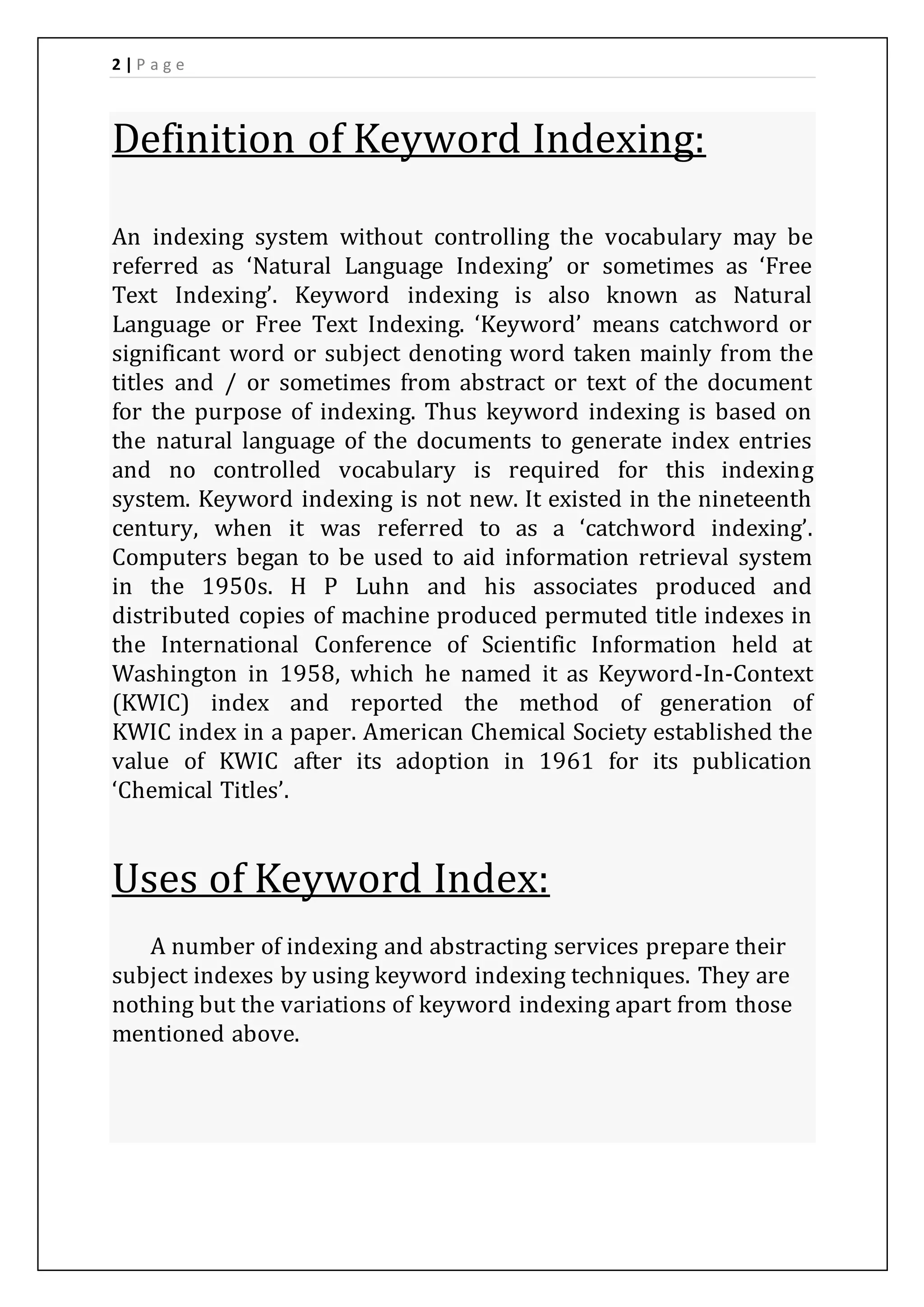 key word indexing and their types with example | DOCX