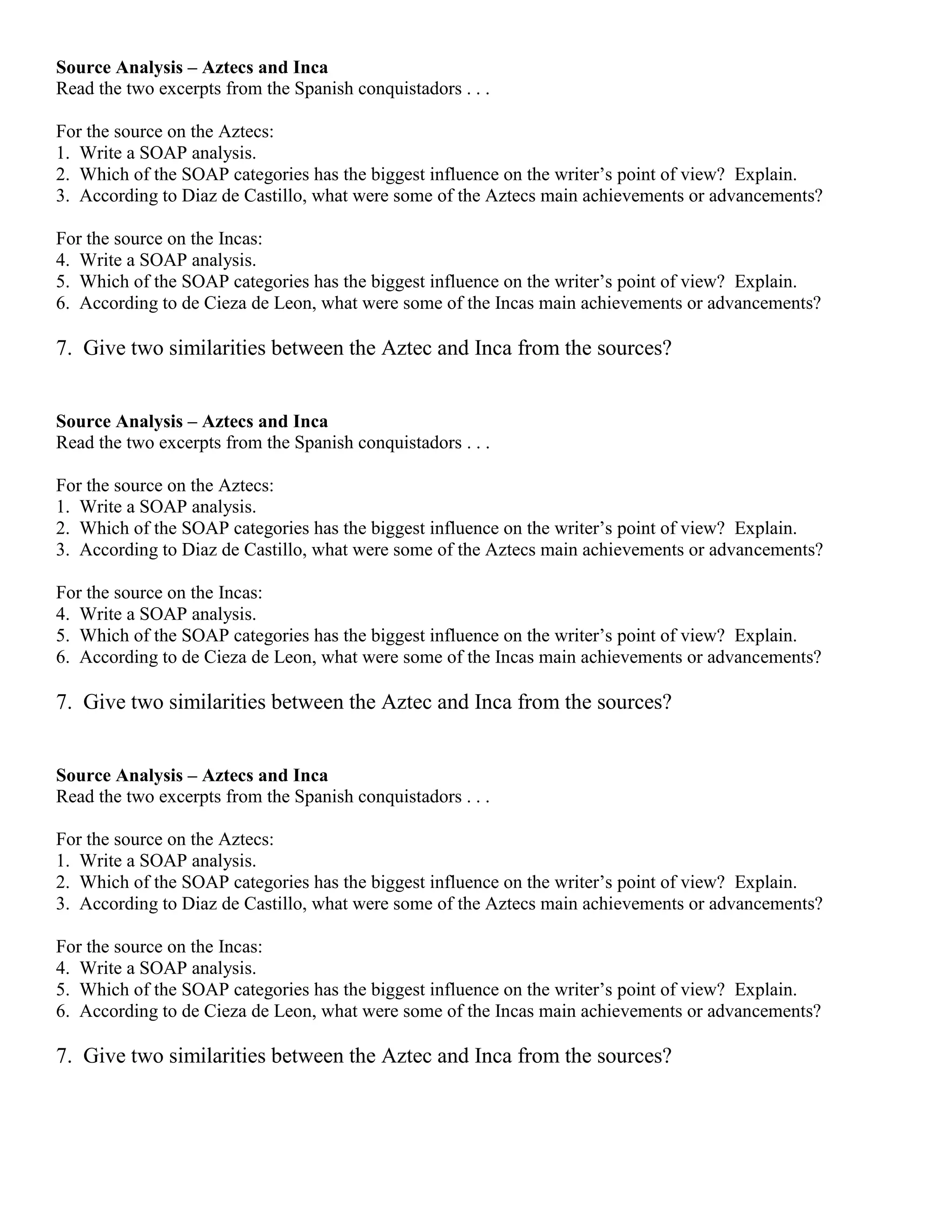 Source analysis aztec & inca | DOCX