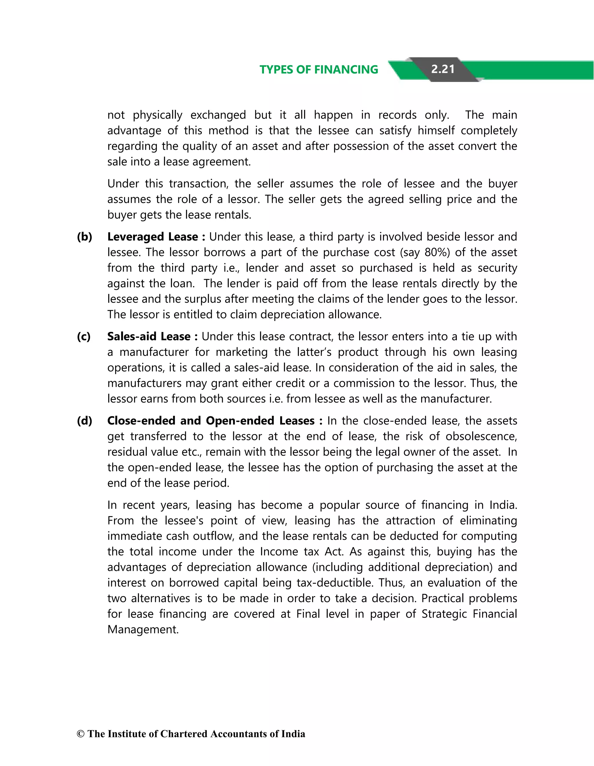 Sources of finance (Institute of chartered accountancy of India notes ...