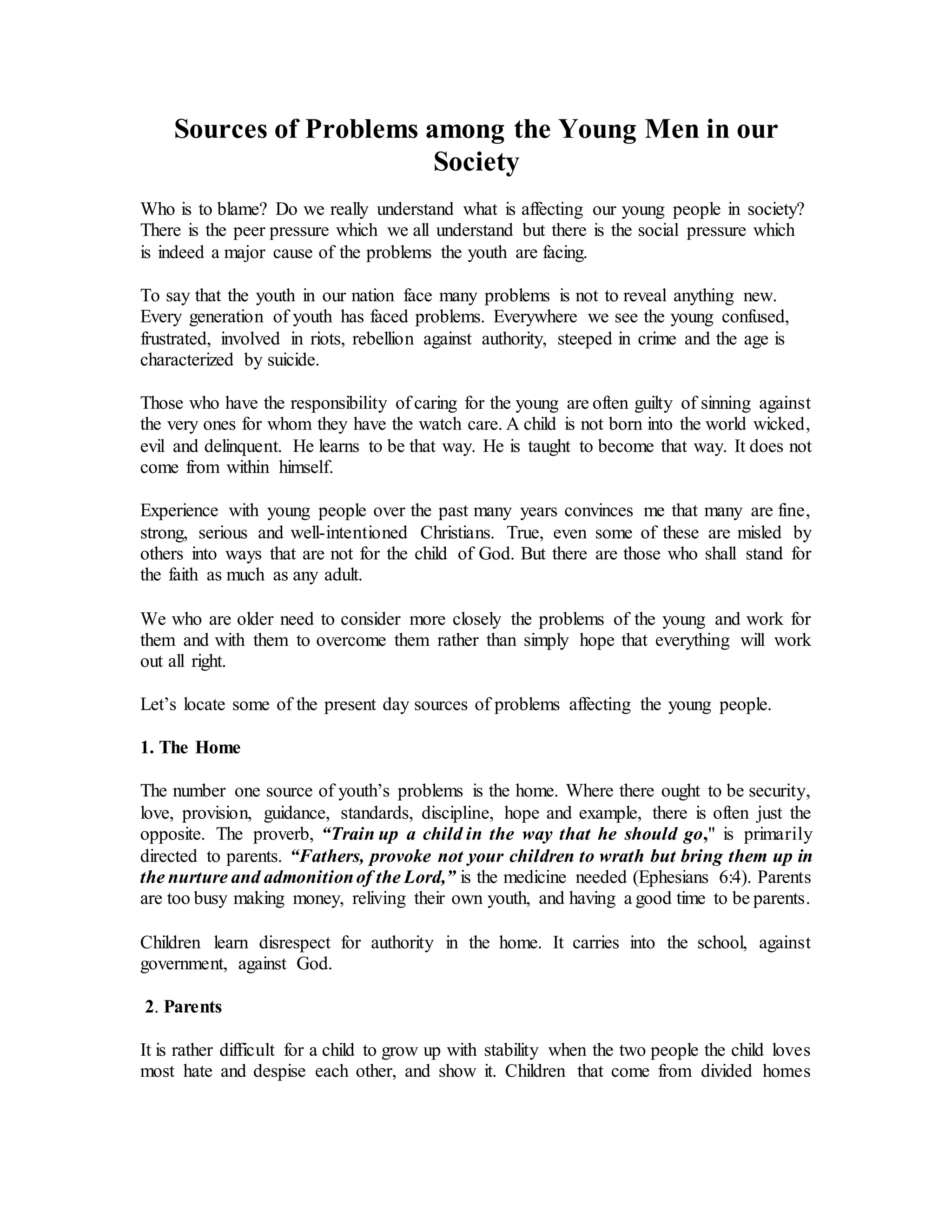 Sources of Problems Among the Young Men in our Society | PDF