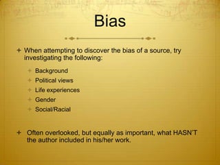 Sources, reliability and bias | PPTX