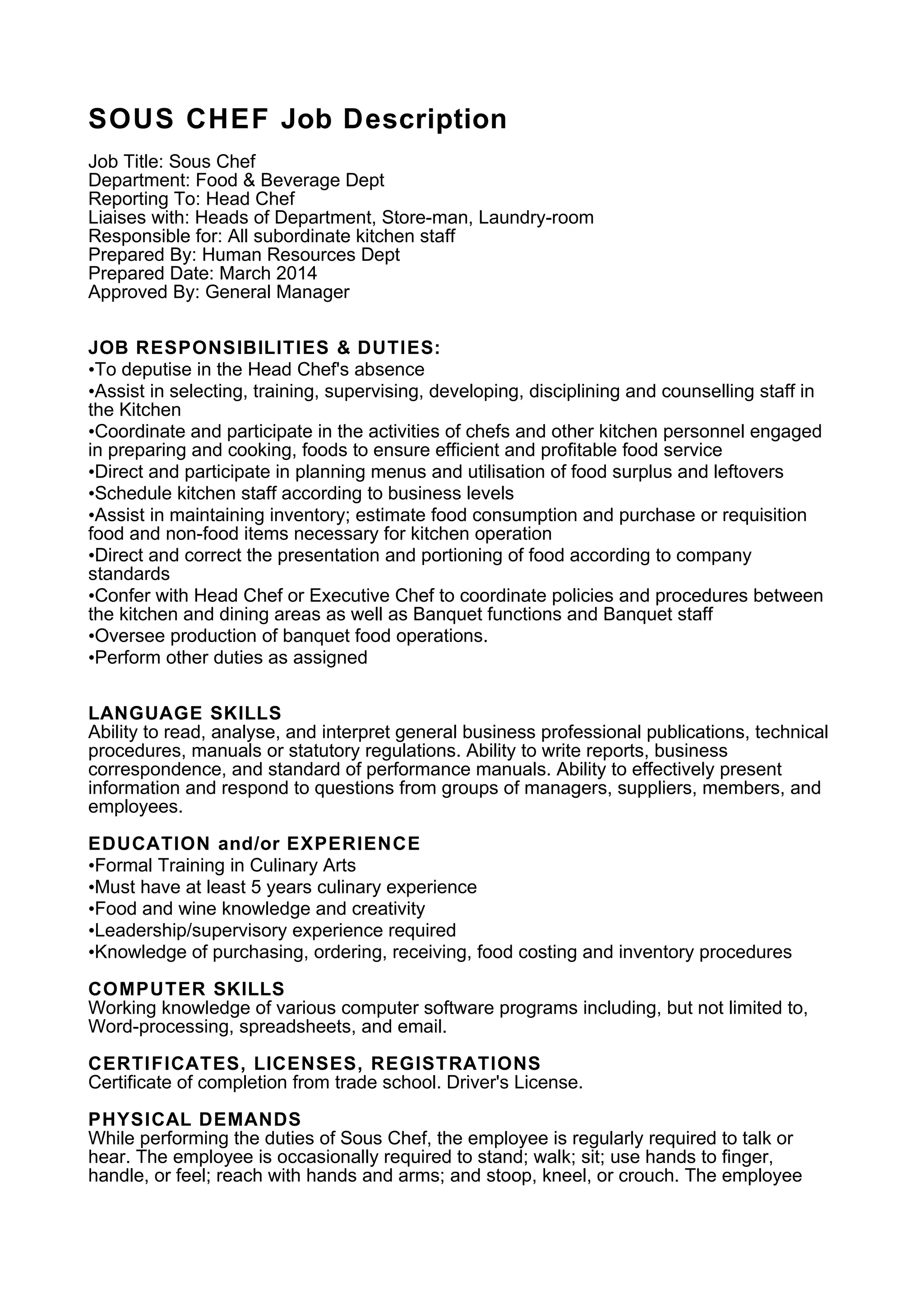 Sous Chef Job Description | DOC