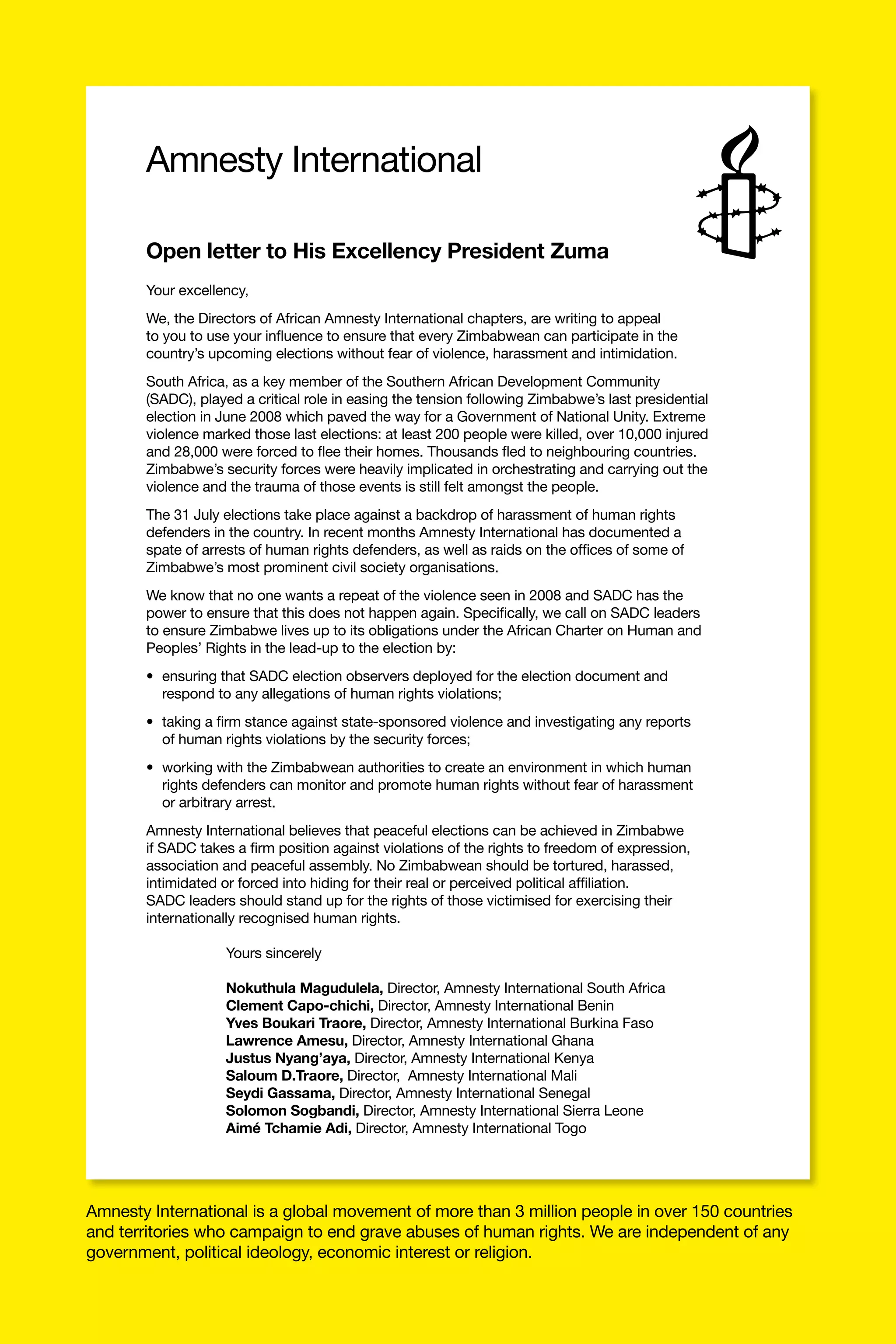 Open letter from Amnesty International African directors to President ...