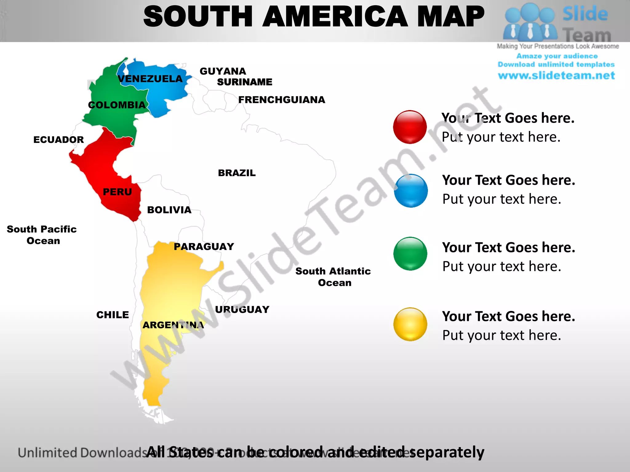 South america powerpoint editable continent map with countries ...