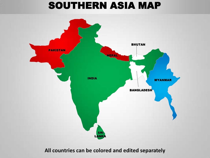 South asia editable continent map with countries