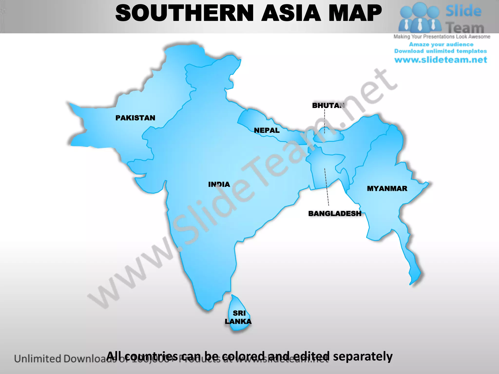 South asia powerpoint editable continent map with countries templates ...