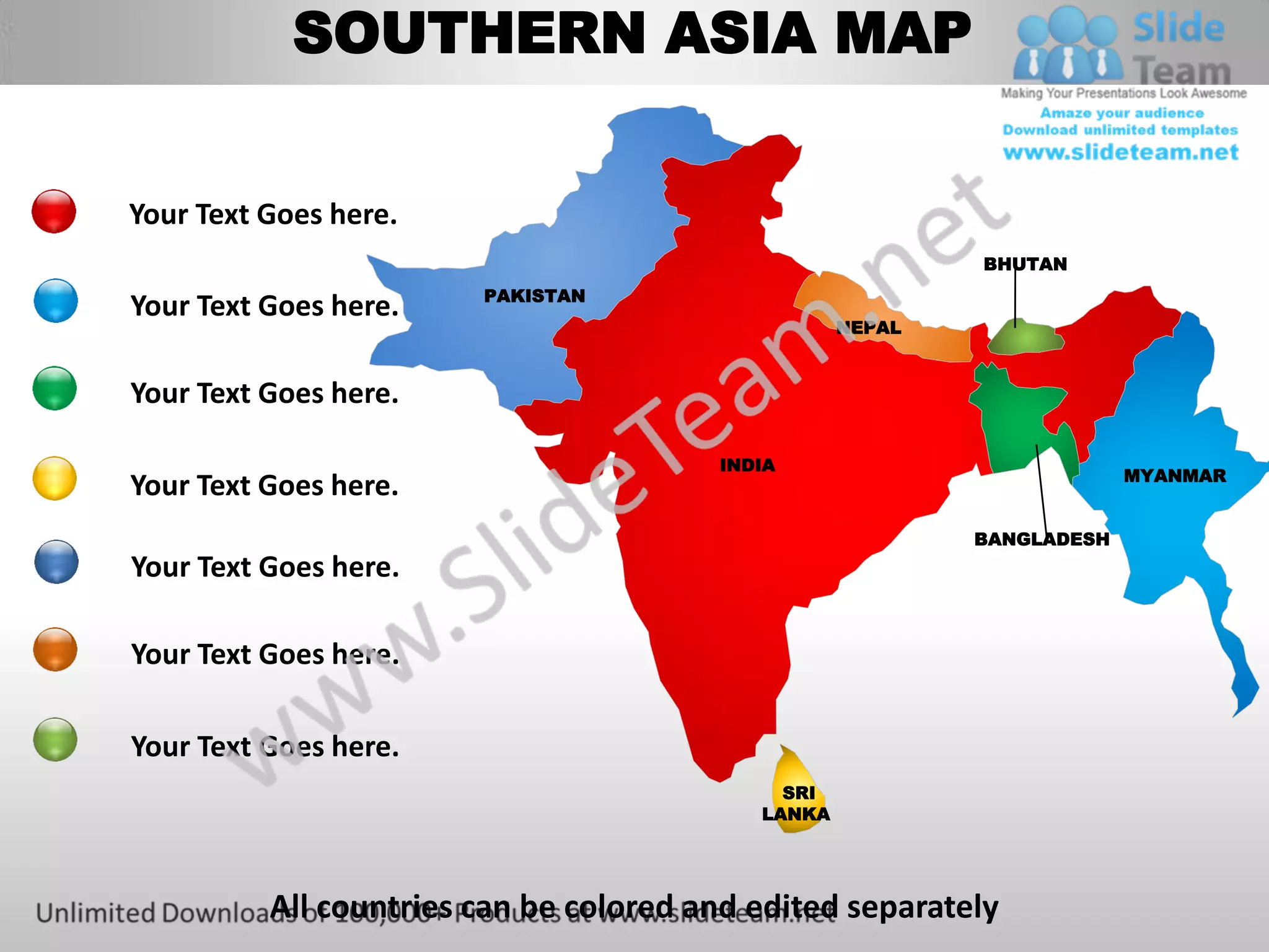 South asia powerpoint editable continent map with countries templates ...