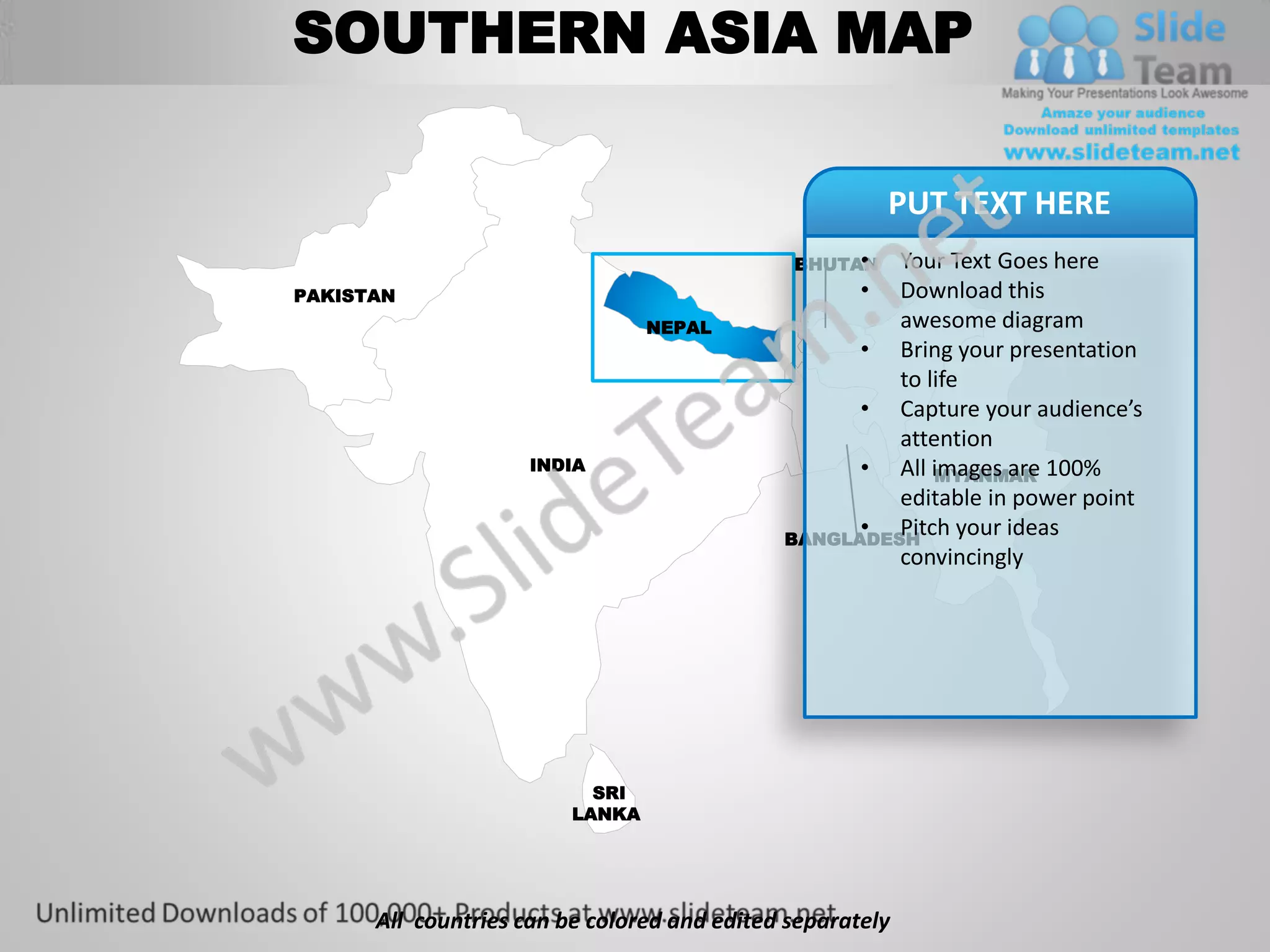 South asia powerpoint editable continent map with countries templates ...
