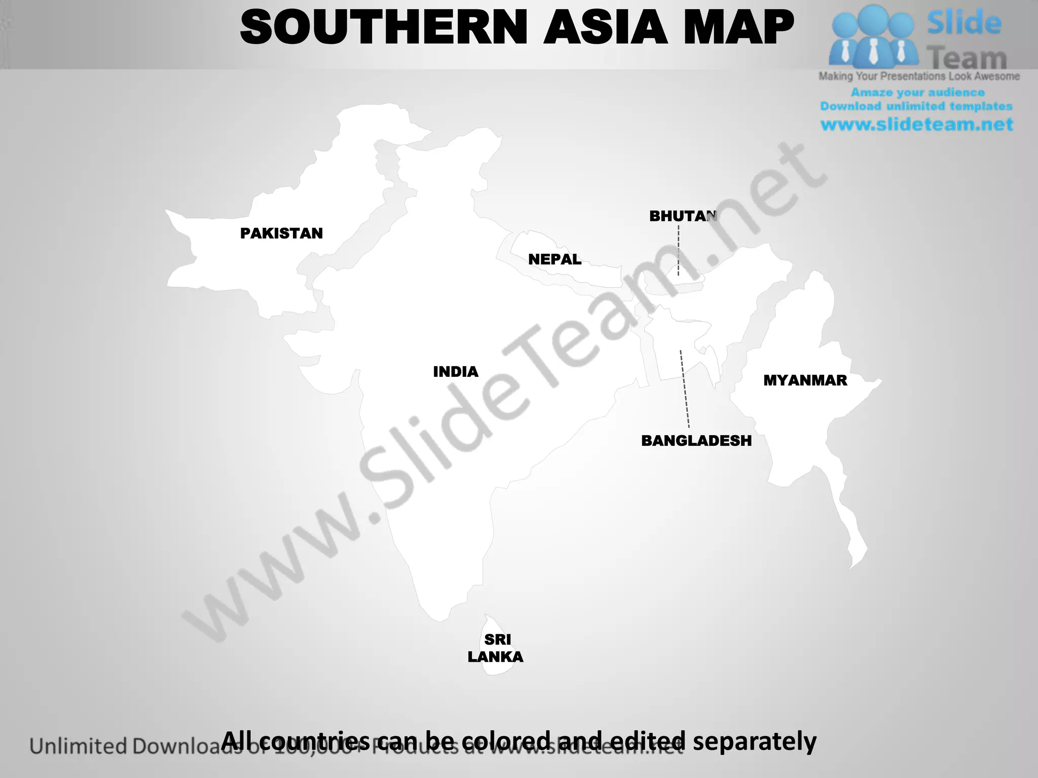 South asia powerpoint editable continent map with countries templates ...