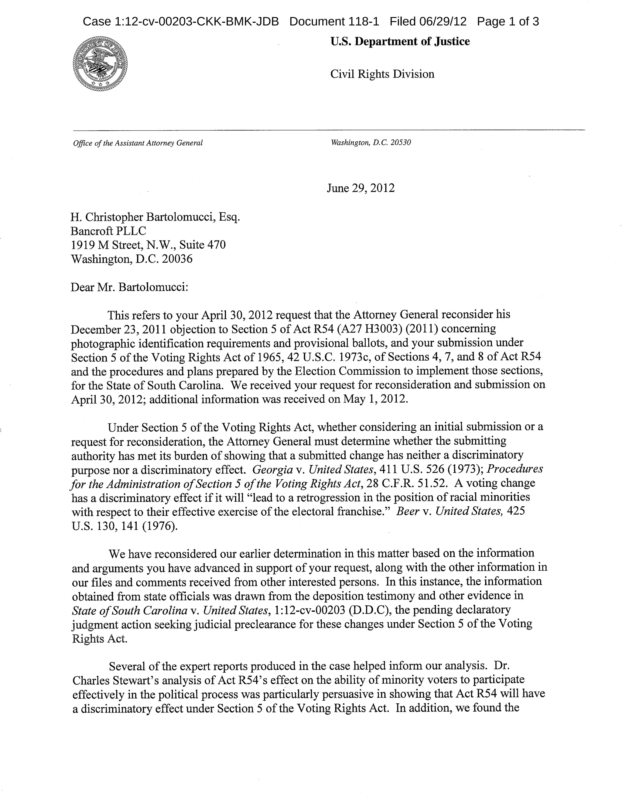 Justice Department Letter to South Carolina Denying Pre-clearance of ...