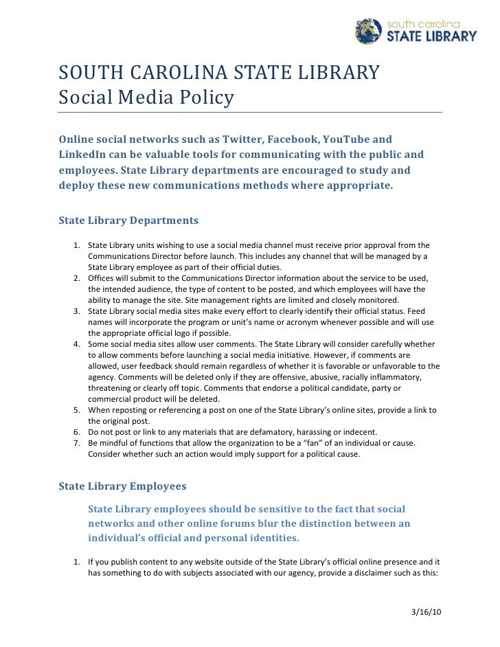 South carolina state library social media policy final