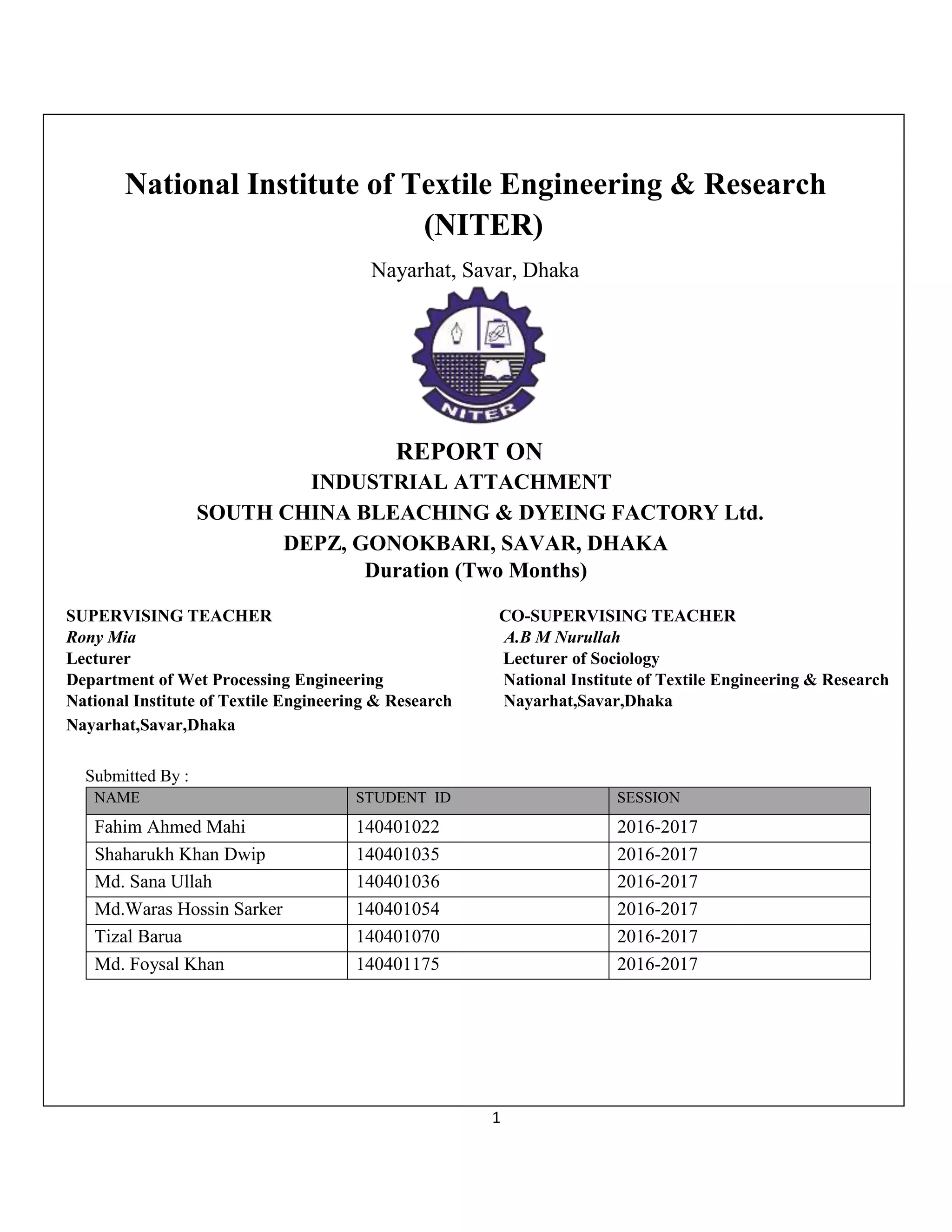 South china bleaching & dyeing factory ltd.; Internship Report! | PDF