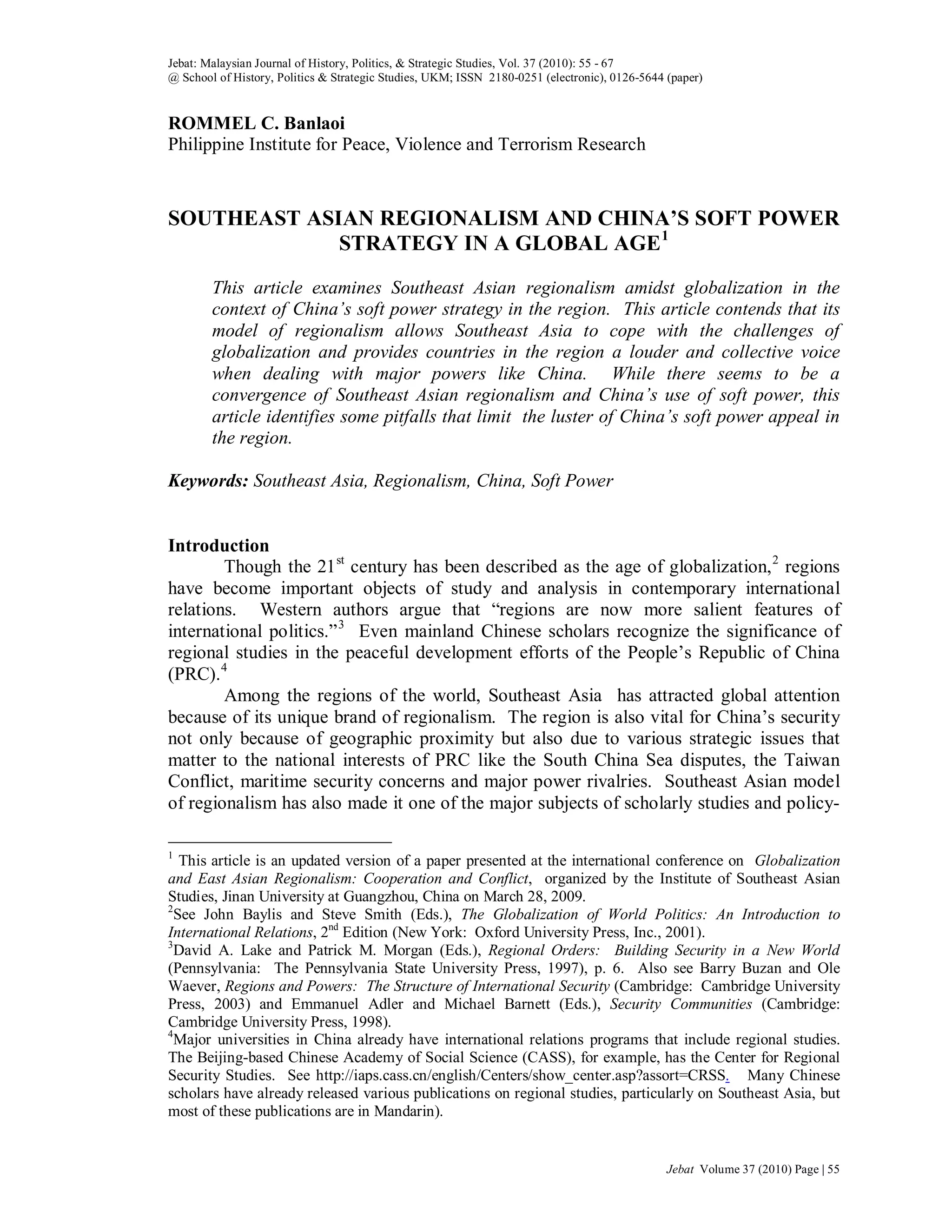 Southeast asian regionalism and china's soft power strategy | PDF