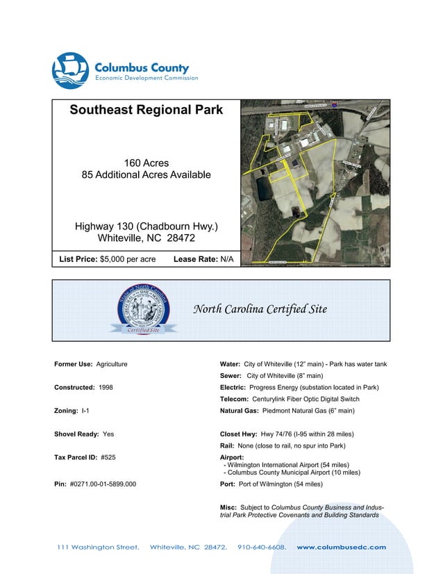 FOR SALE: Southeast Regional Park 160 Acres 85 Additional Acres Available Highway 130 (Chadbourn ...