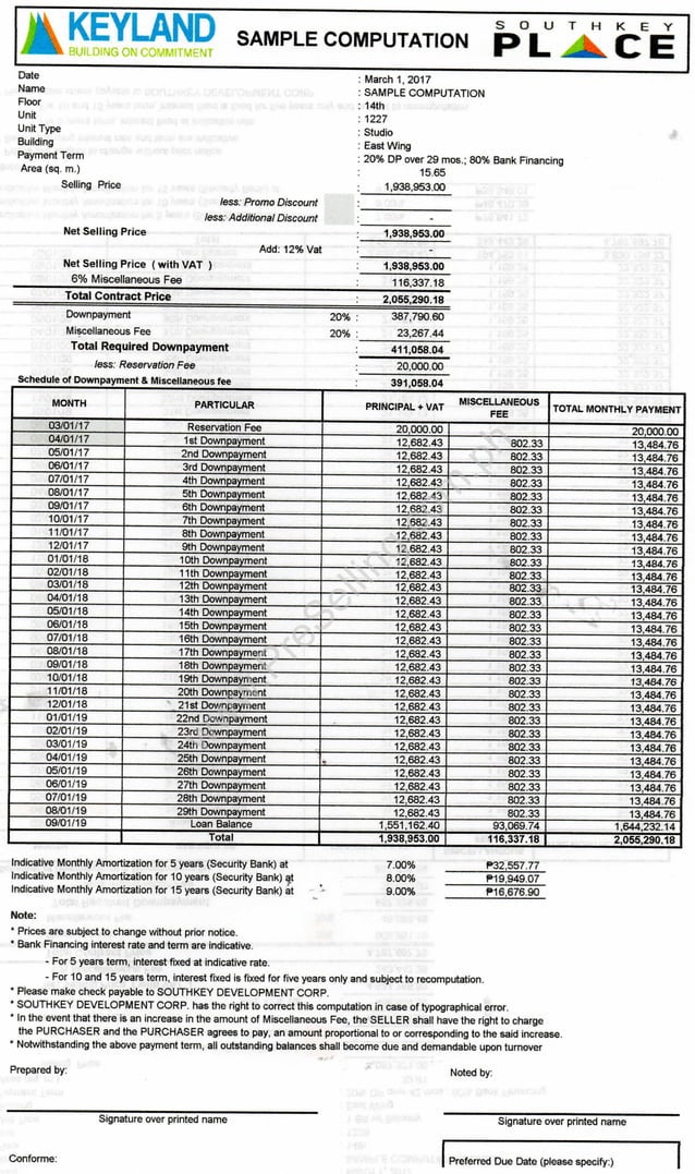 Southkey Place Alabang - Studio Sample Computation | PDF | Chemistry ...