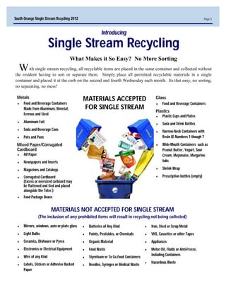 South Orange Single Stream Recycling Information | PDF