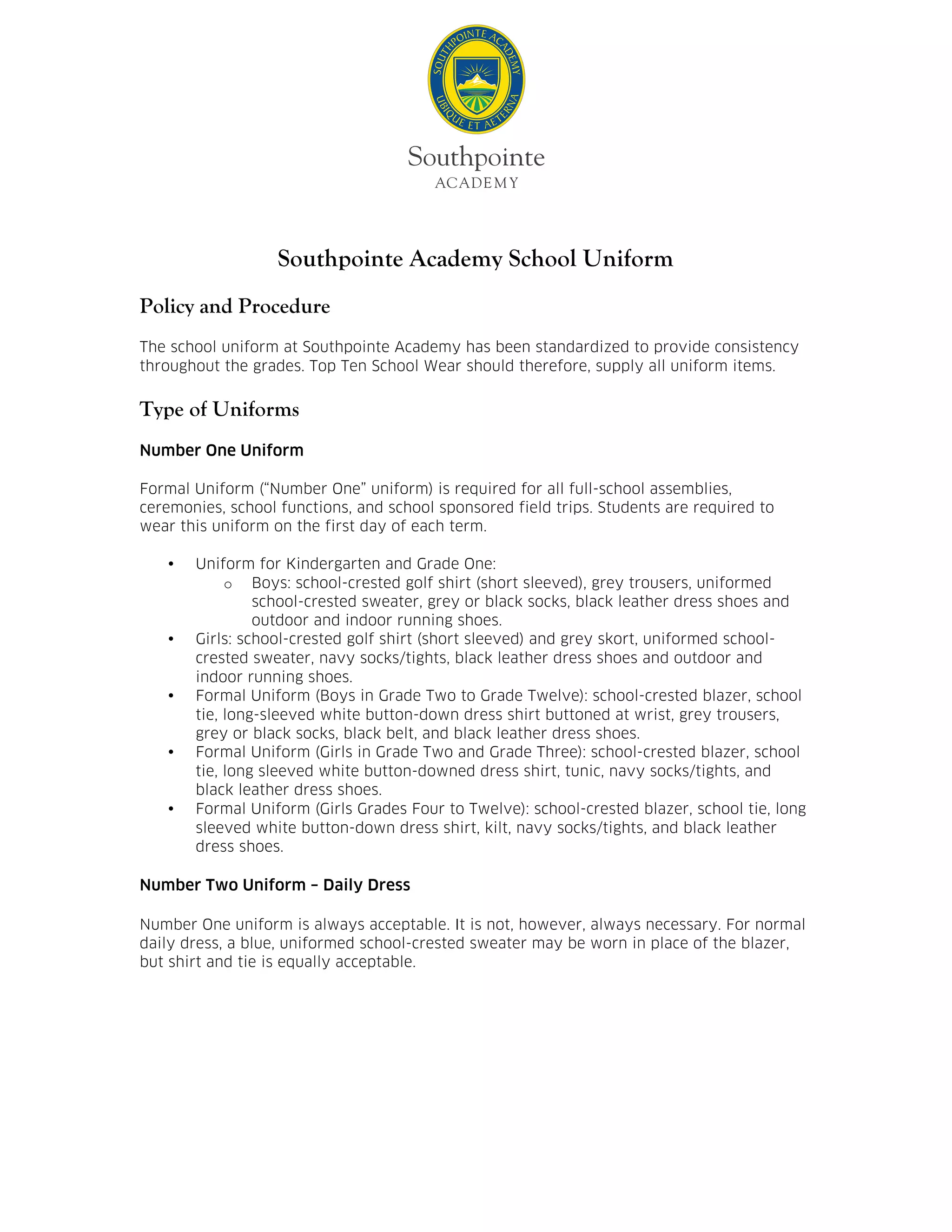 Southpointe school uniform-2015 | PDF