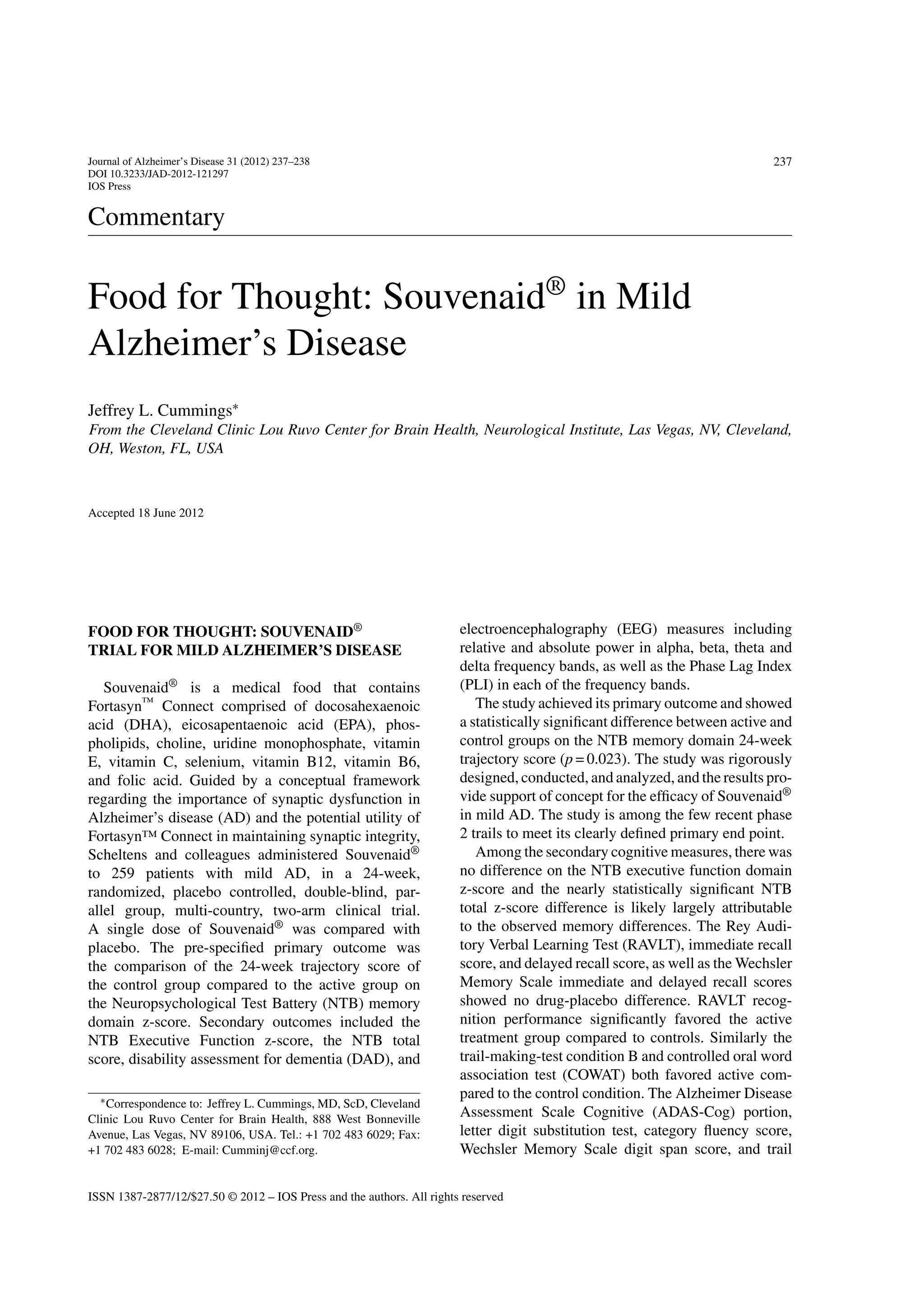 Food for Thought: Souvenaid® in Mild Alzheimer’s Disease | PDF