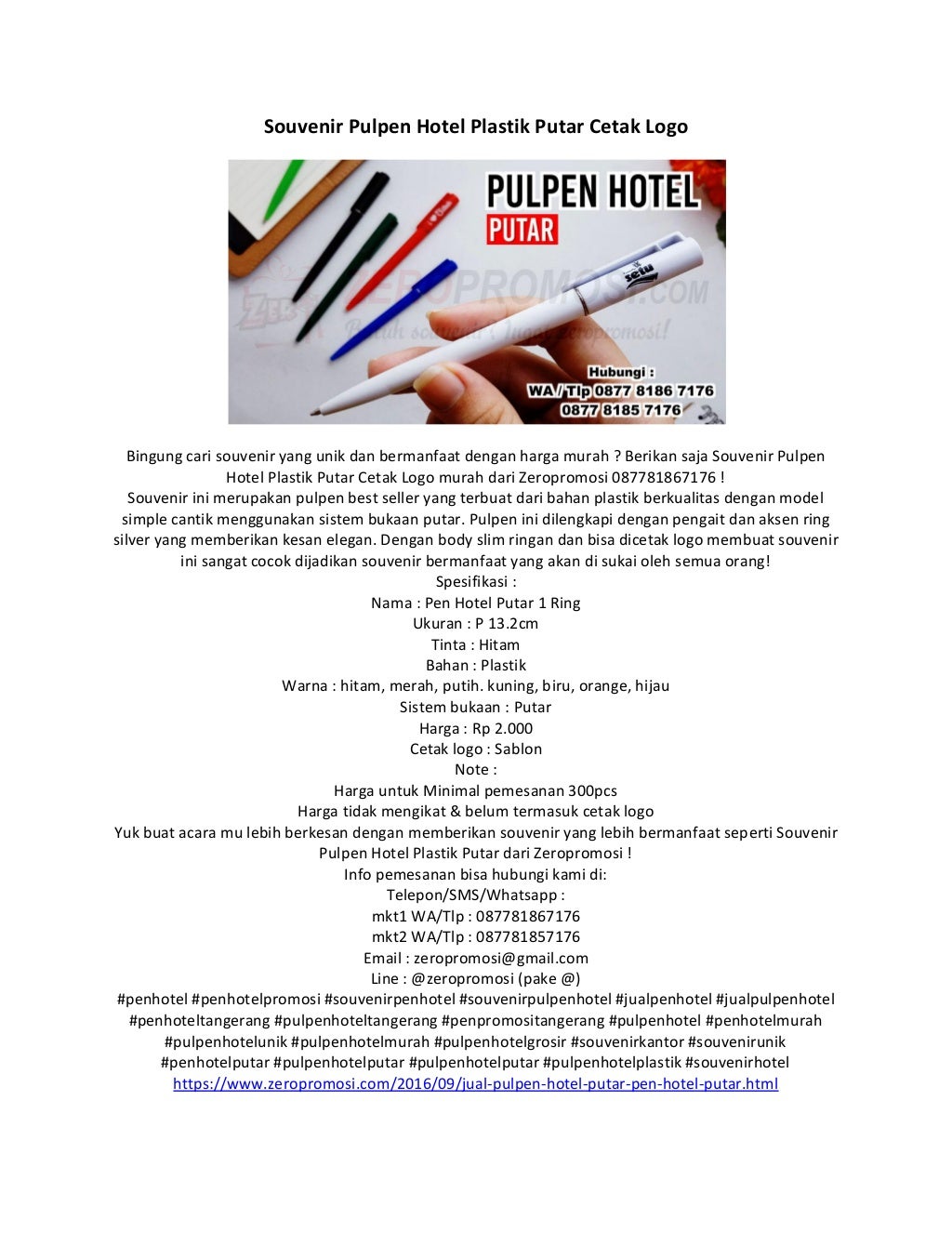 Souvenir Pulpen Hotel Plastik Putar Cetak Logo