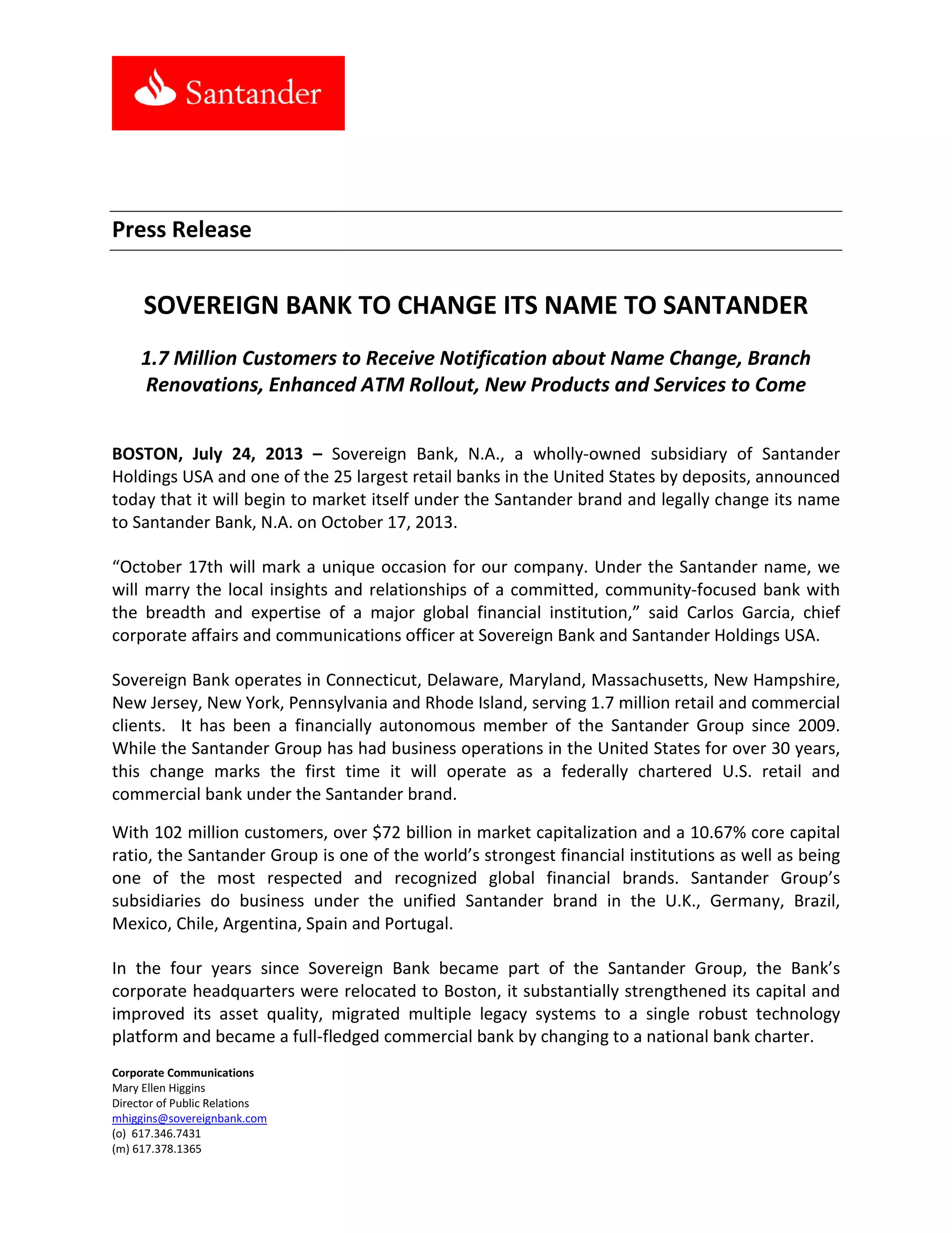 SOVEREIGN BANK TO CHANGE ITS NAME TO SANTANDER | PDF
