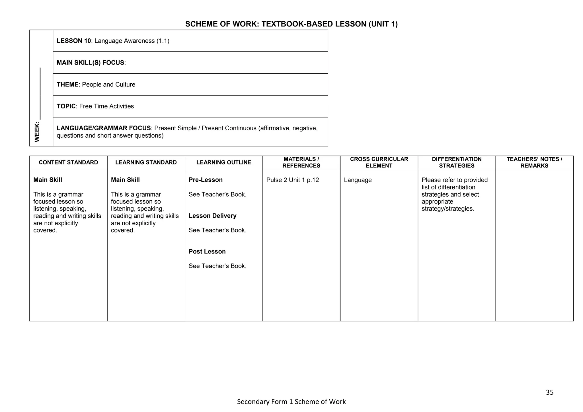 Scheme of Work form 1 | PDF