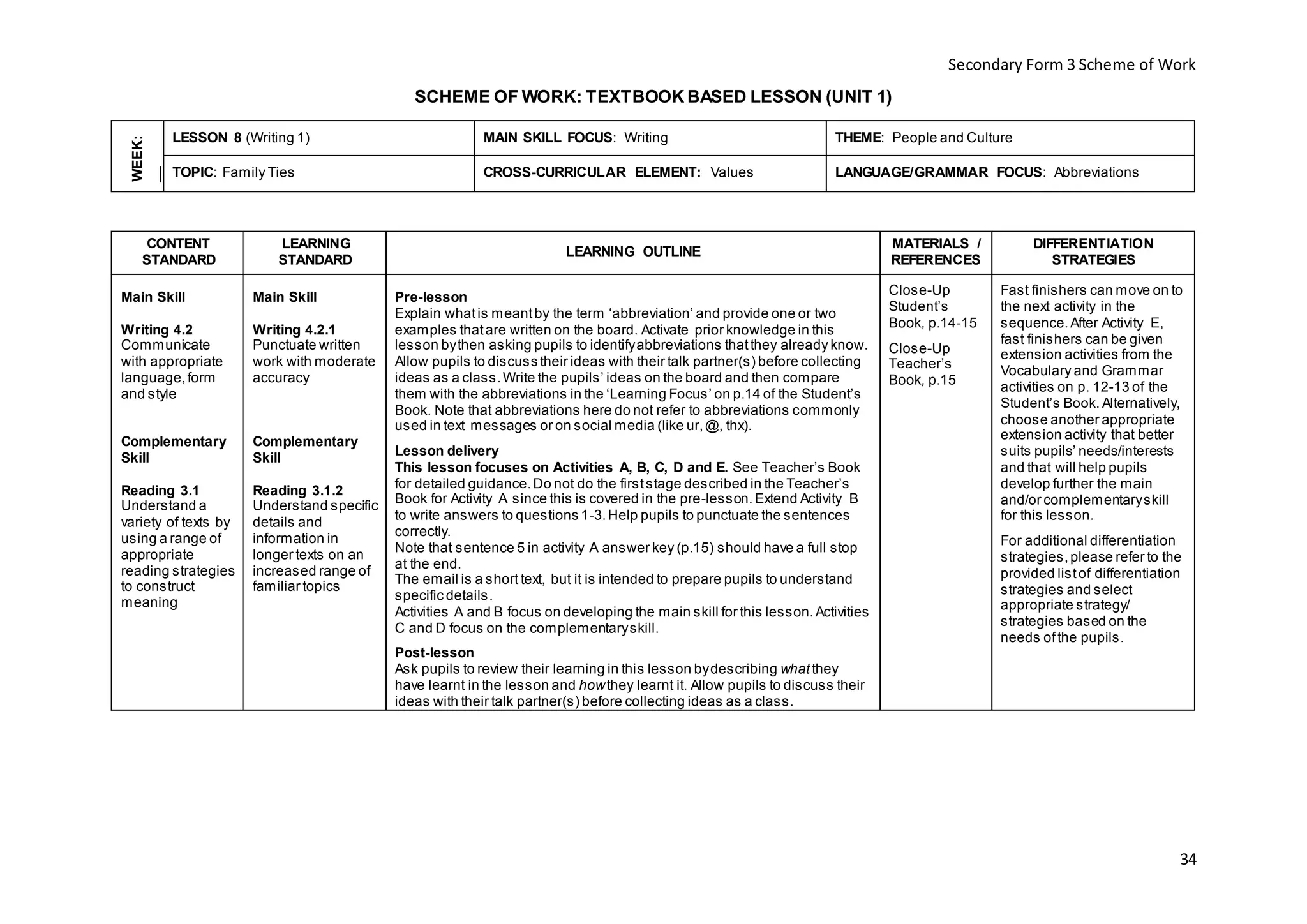 SCHEME OF WORK for FORM 3 ENGLISH | PDF
