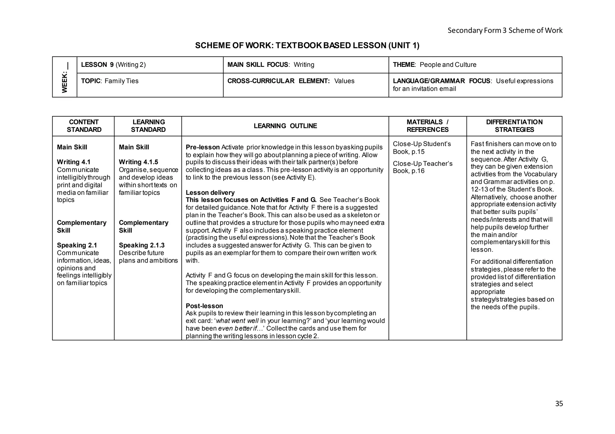 SCHEME OF WORK for FORM 3 ENGLISH | PDF