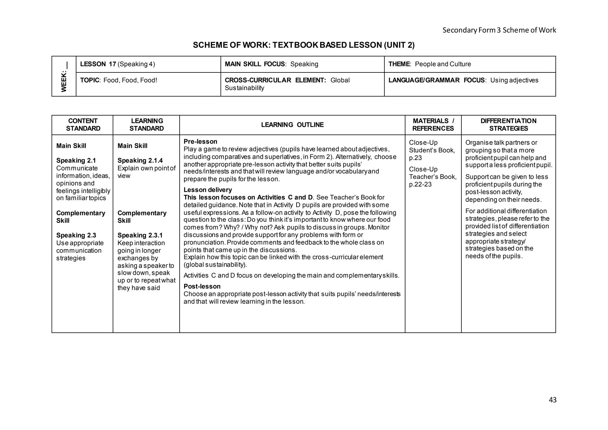 SCHEME OF WORK for FORM 3 ENGLISH | PDF