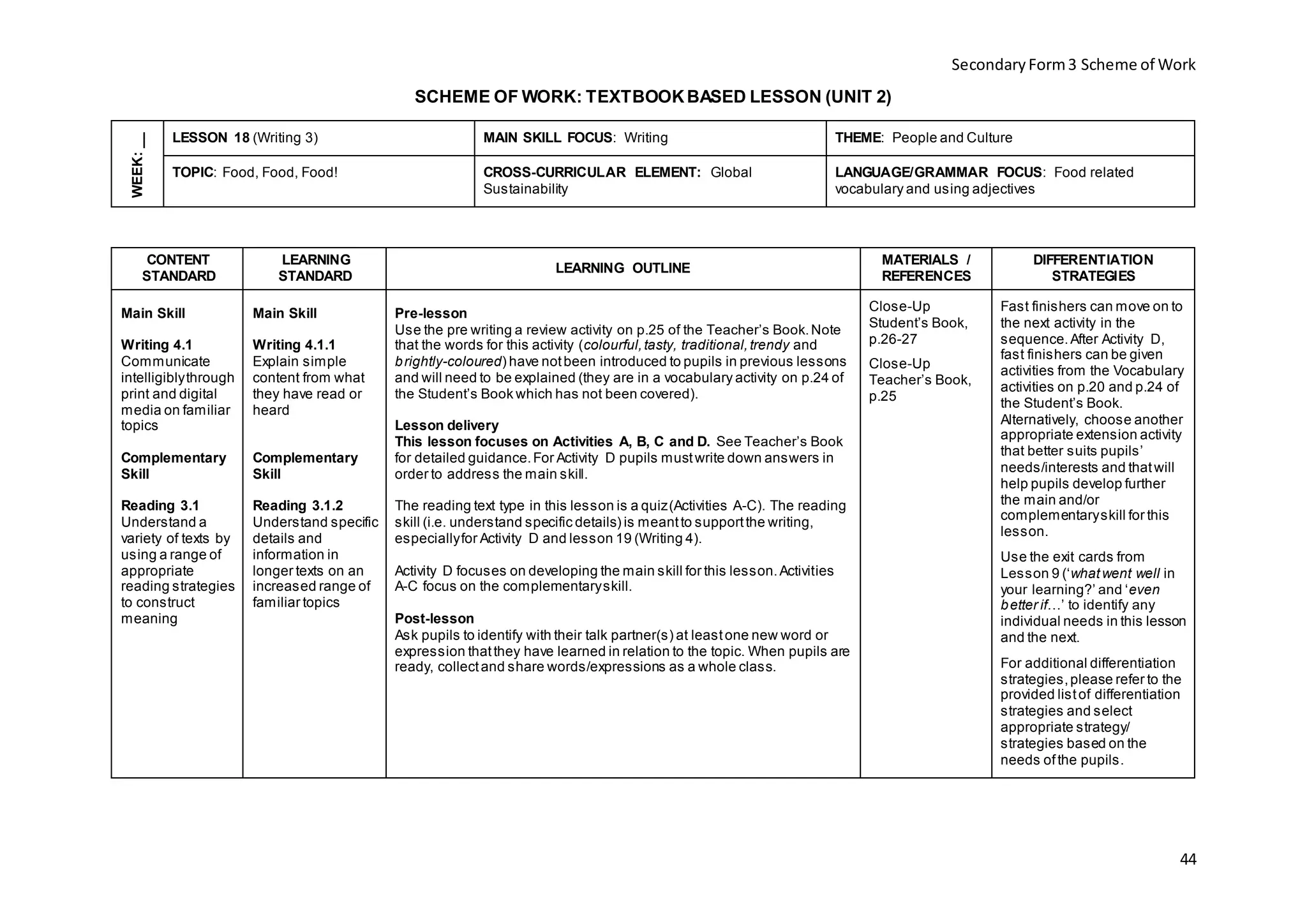 SCHEME OF WORK for FORM 3 ENGLISH | PDF