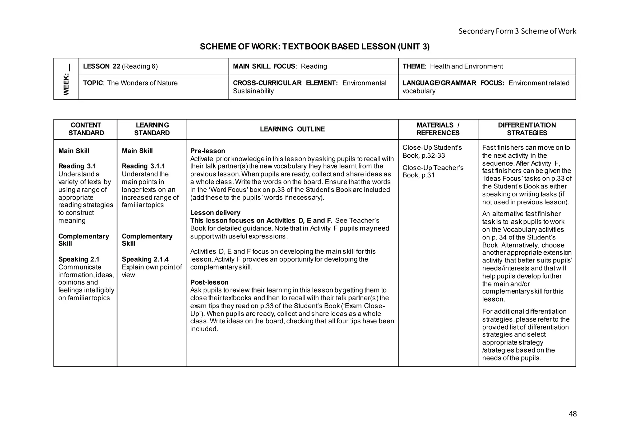 SCHEME OF WORK for FORM 3 ENGLISH | PDF