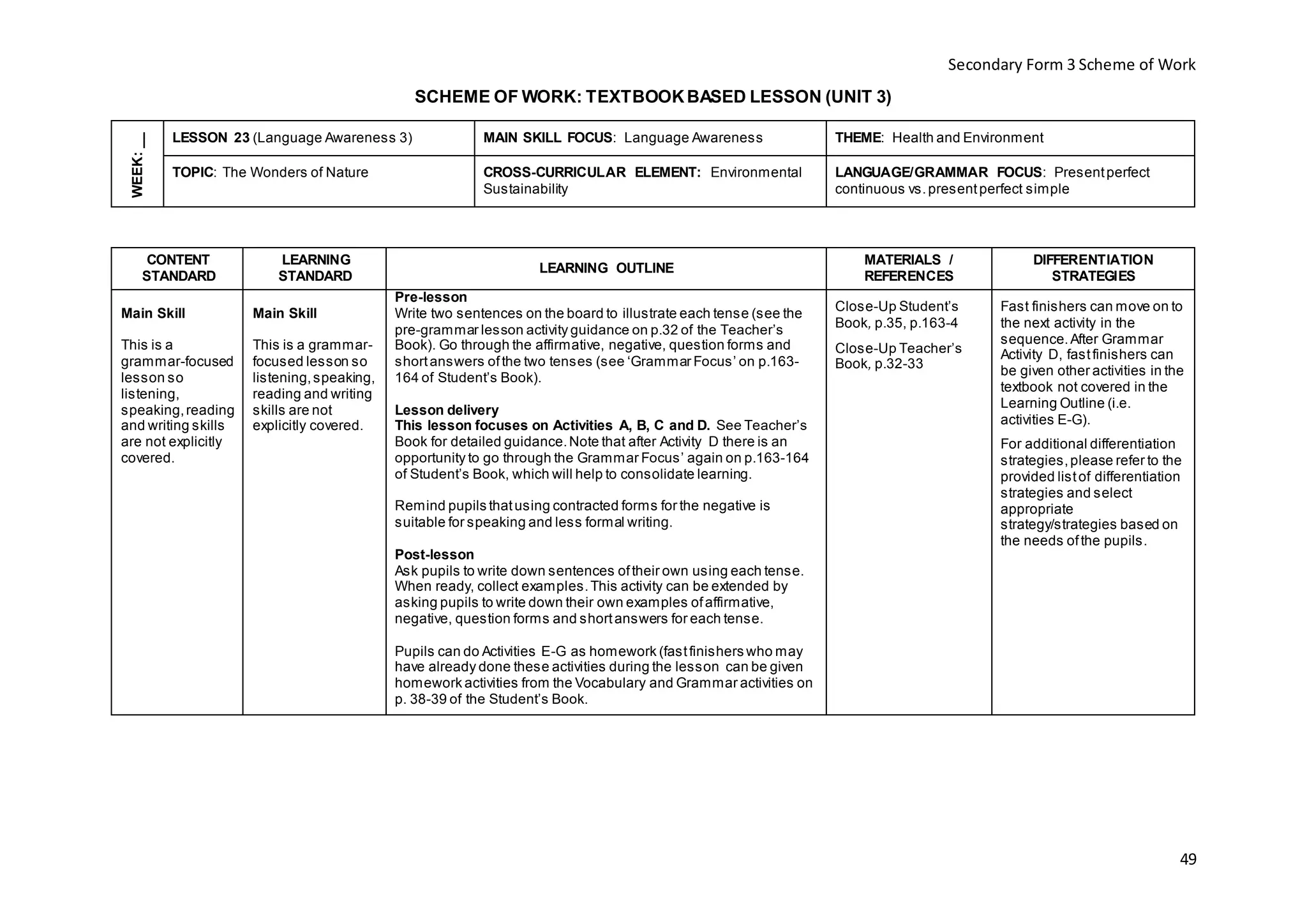 SCHEME OF WORK for FORM 3 ENGLISH | PDF