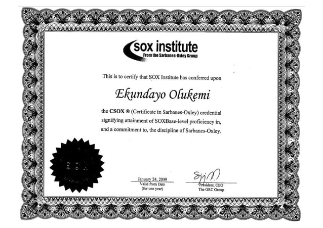 Ekundayo Olukemi SOX institute certificate in sarbanes oxley | PPT