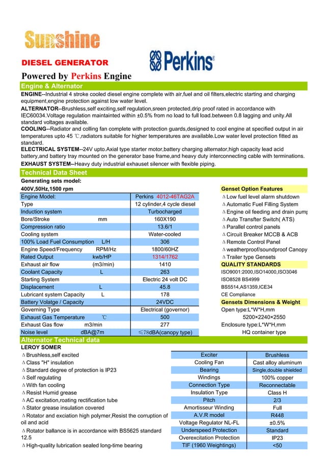Sp1656 1324 kw uk perkins generator data sheet | PDF