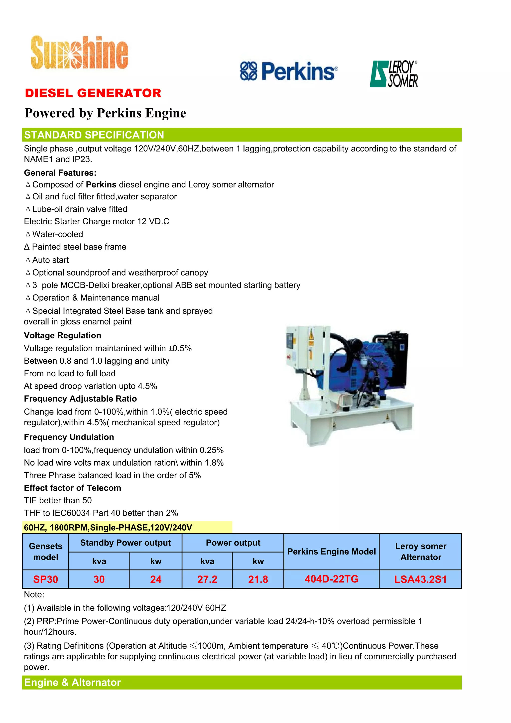 Sp30 perkins 30kva Groupe électrogène standby single phase data sheet | PDF
