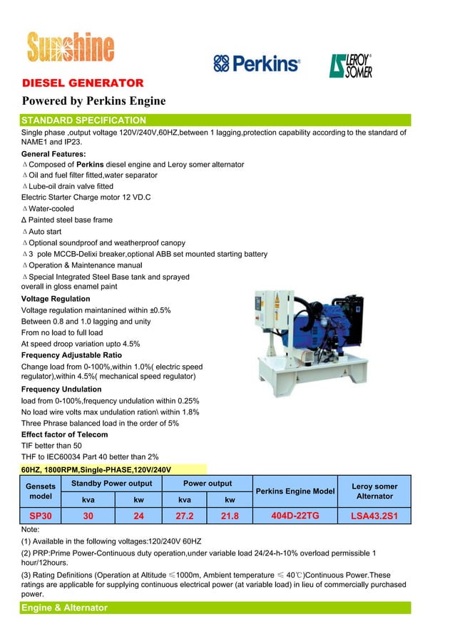 Sp30 perkins 30kva Groupe électrogène standby single phase data sheet ...
