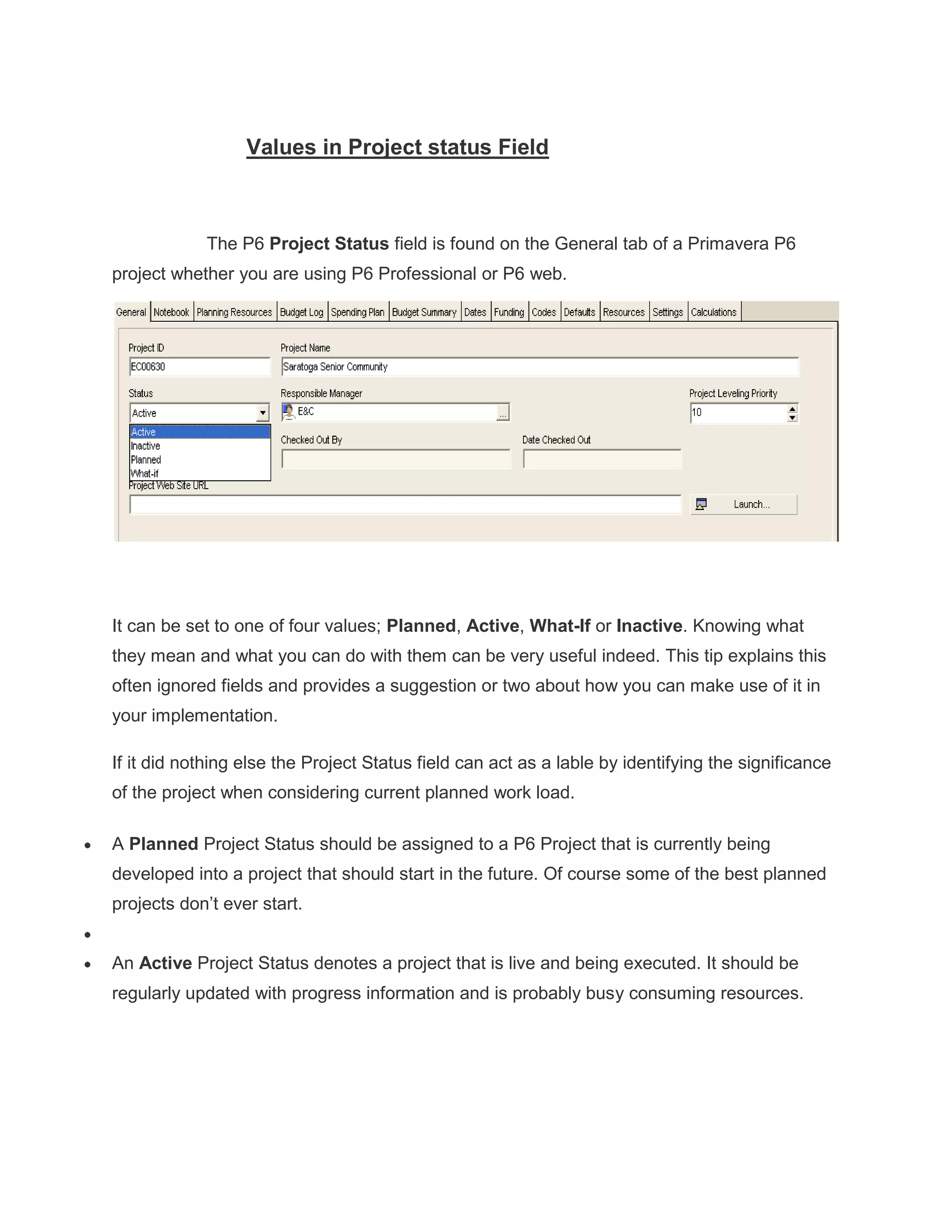 Uses of Project Status field | DOCX | Technology & Computing