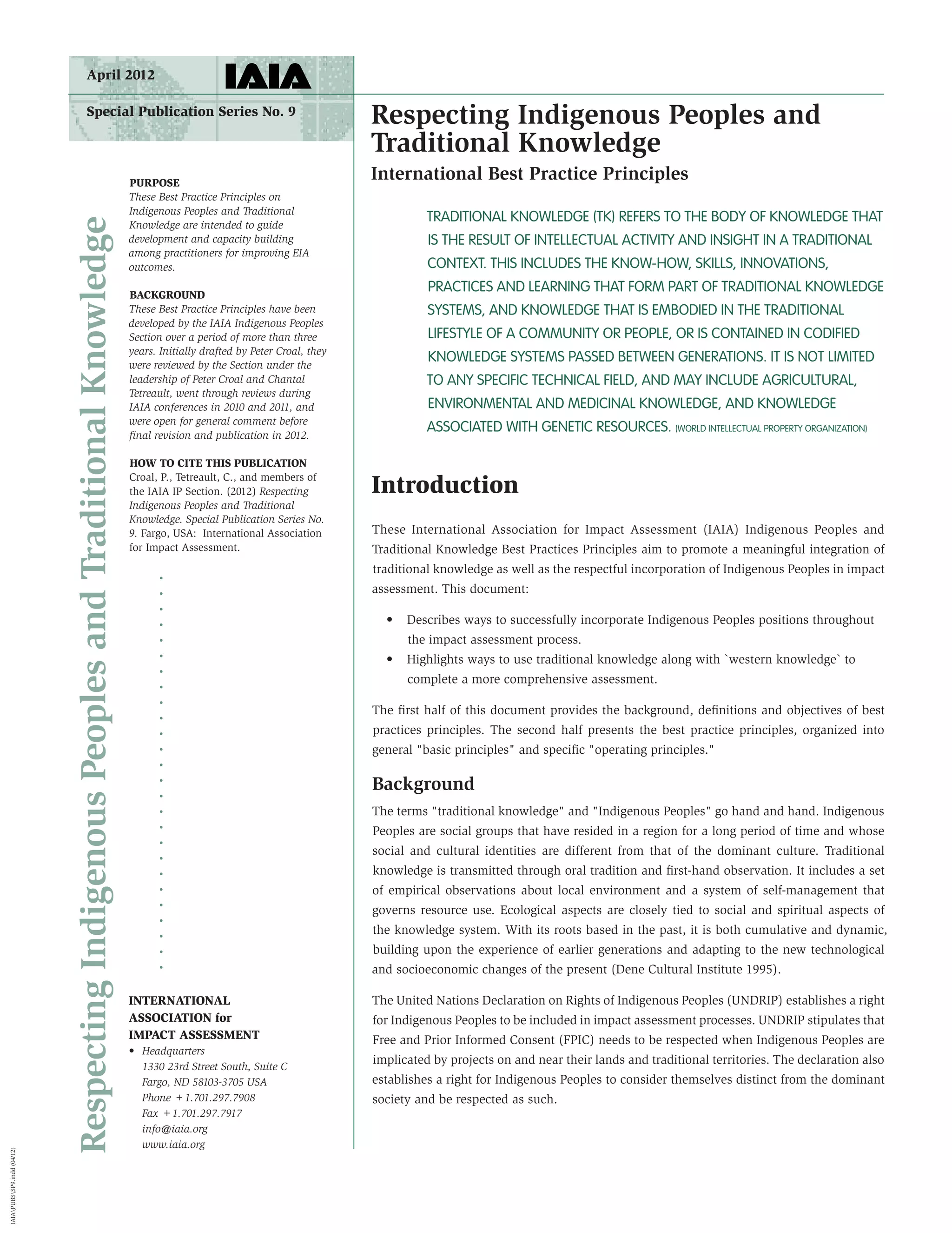 Respecting Indigenous Peoples and Traditional Knowledge | PDF
