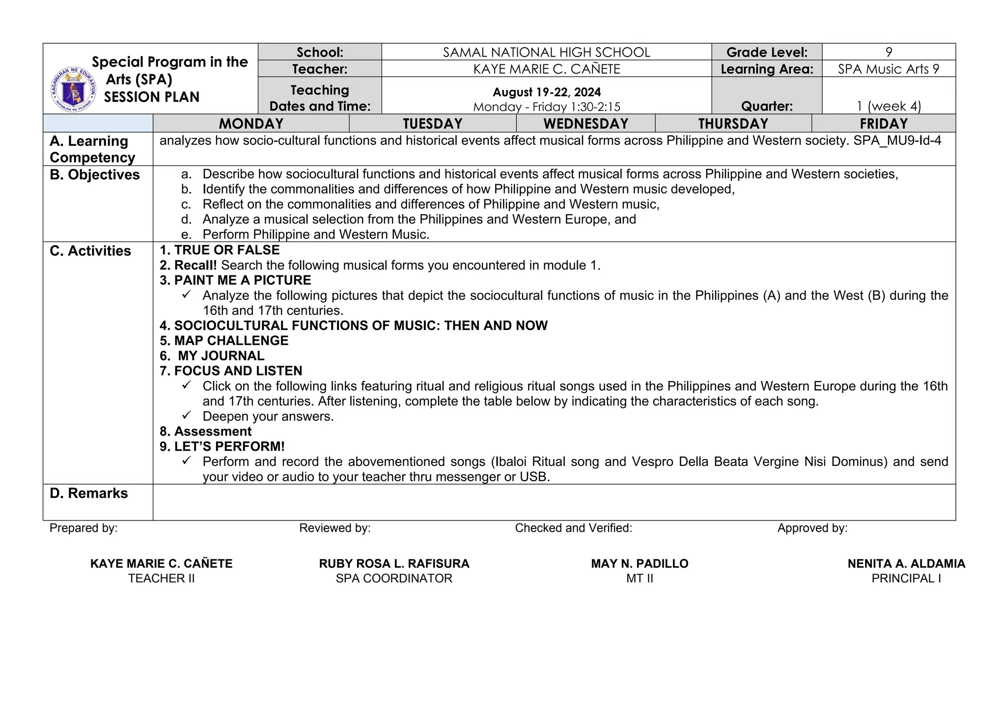 SPA-session-plan-G91st.docx Vocals Grade 9 | DOCX