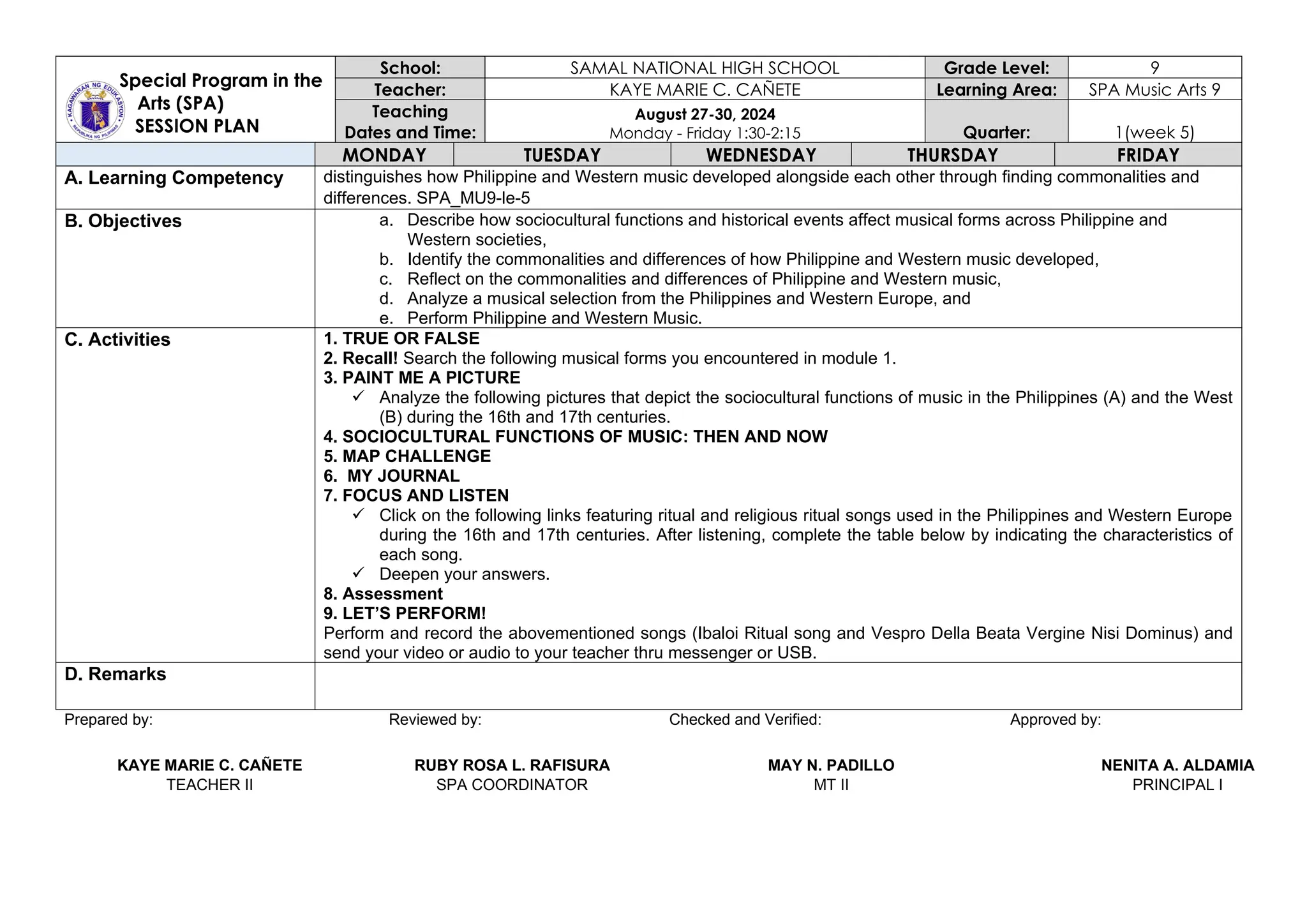 SPA-session-plan-G91st.docx Vocals Grade 9 | DOCX